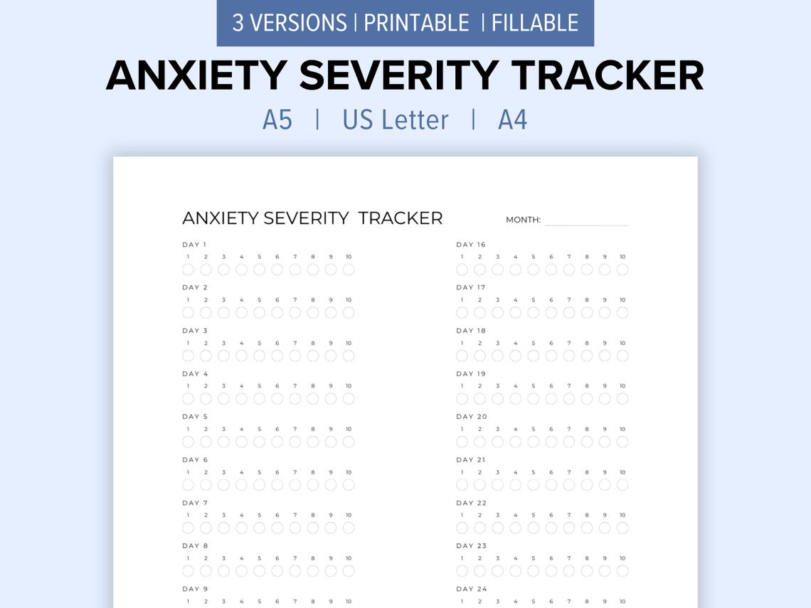 Anxiety Severity Monthly Tracker Printable | A5, US Letter, A4 ...