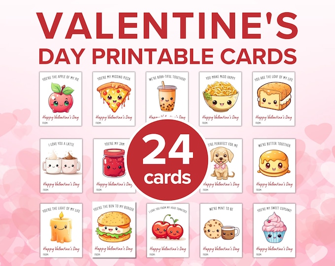 Printable Valentine's Day Card Bundle - 18 Food Pun Cards - Instant ...