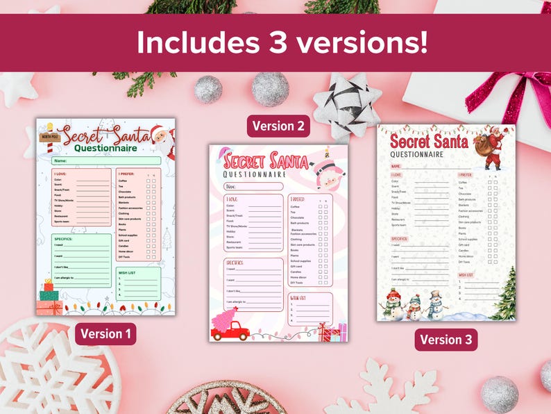 Secret Santa Questionnaire Printable for Christmas Gifts | Christmas ...