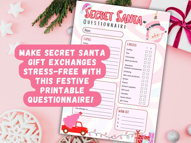 Secret Santa Questionnaire Printable for Christmas Gifts | Christmas ...