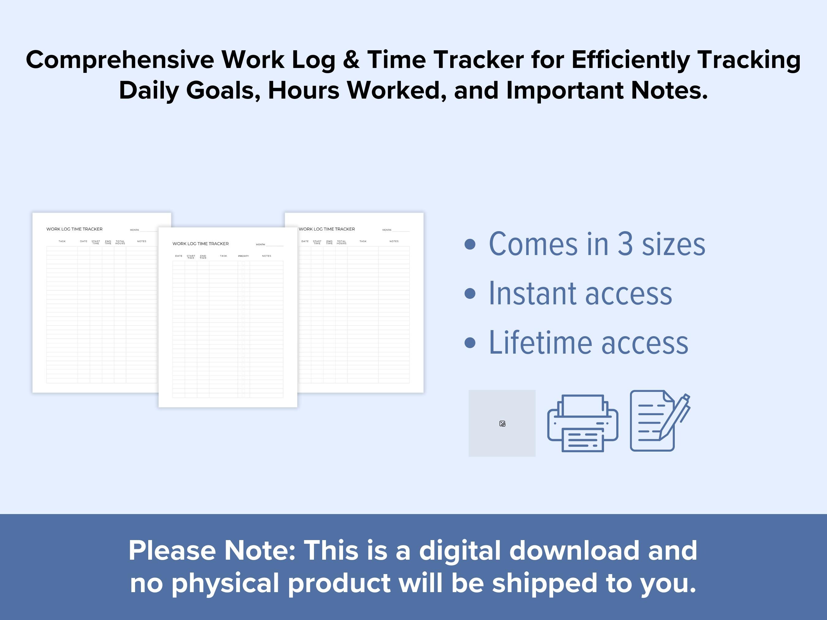 Work Log Time Tracker Printable | A5, US Letter, A4 | Fillable ...