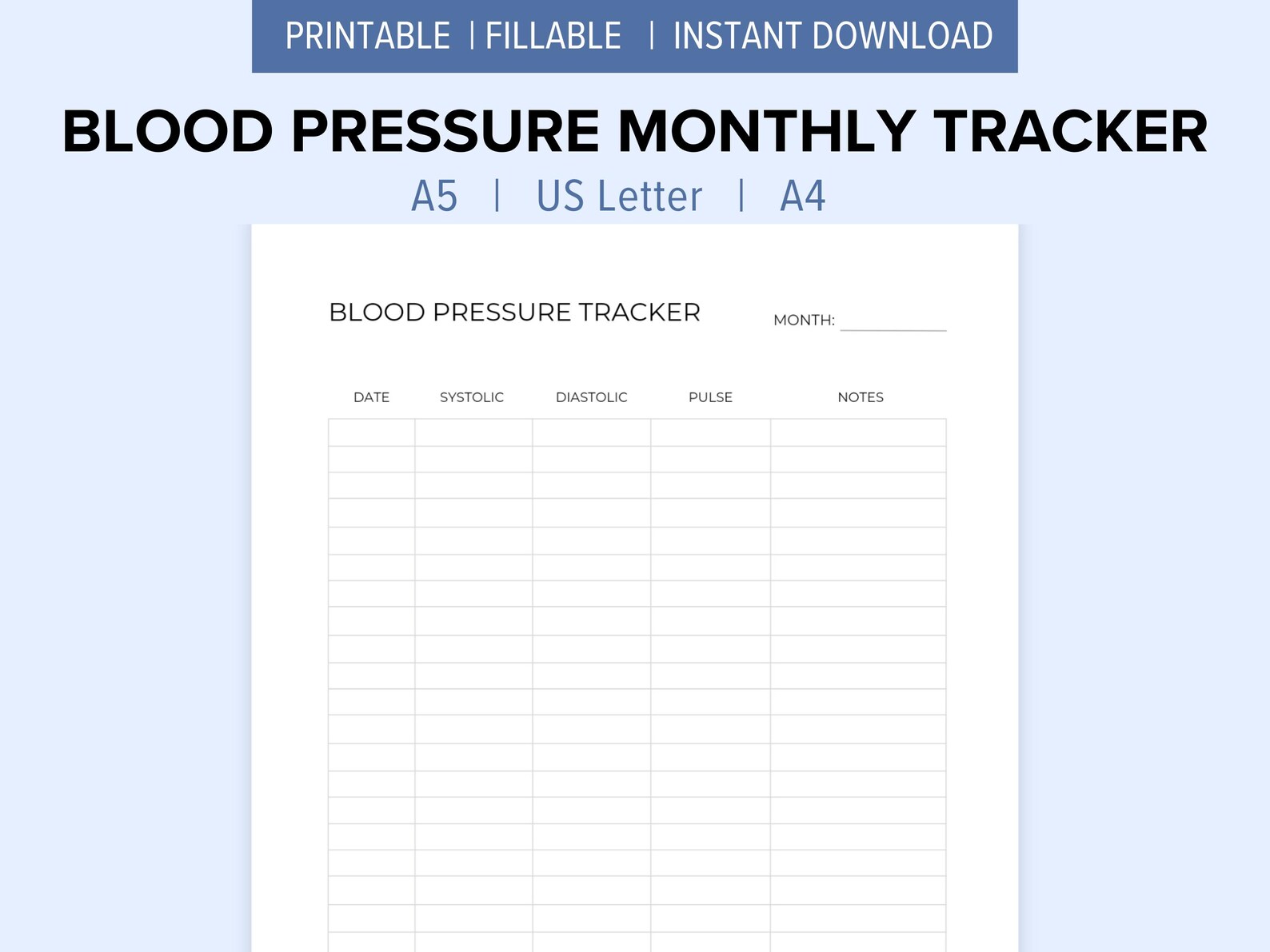 Blood Pressure Monthly Tracker | BP Log Printable | A5, US Letter, A4 ...