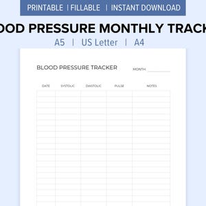 Blood Pressure Monthly Tracker | BP Log Printable | A5, US Letter, A4 ...