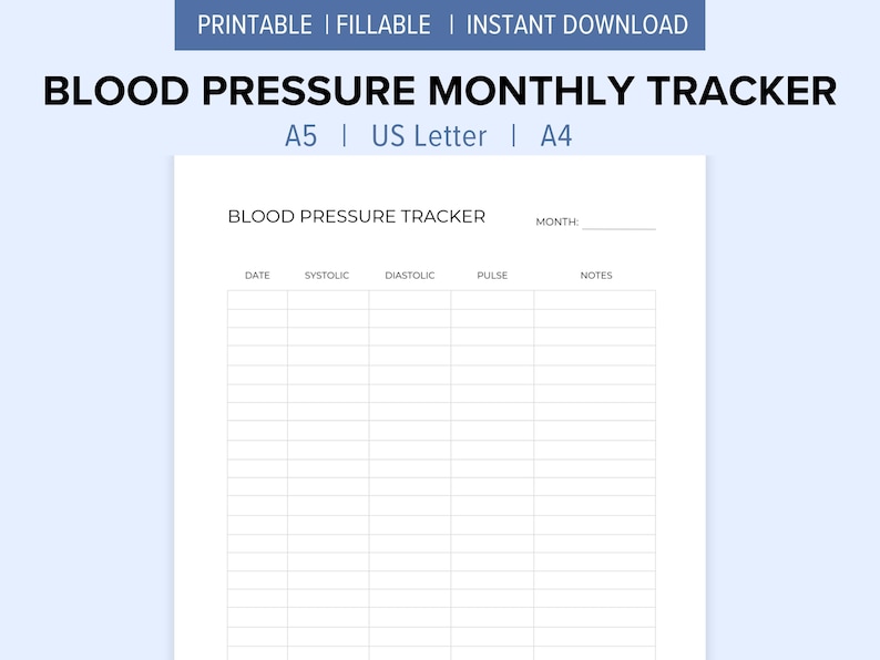 Blood Pressure Monthly Tracker | BP Log Printable | A5, US Letter, A4 ...