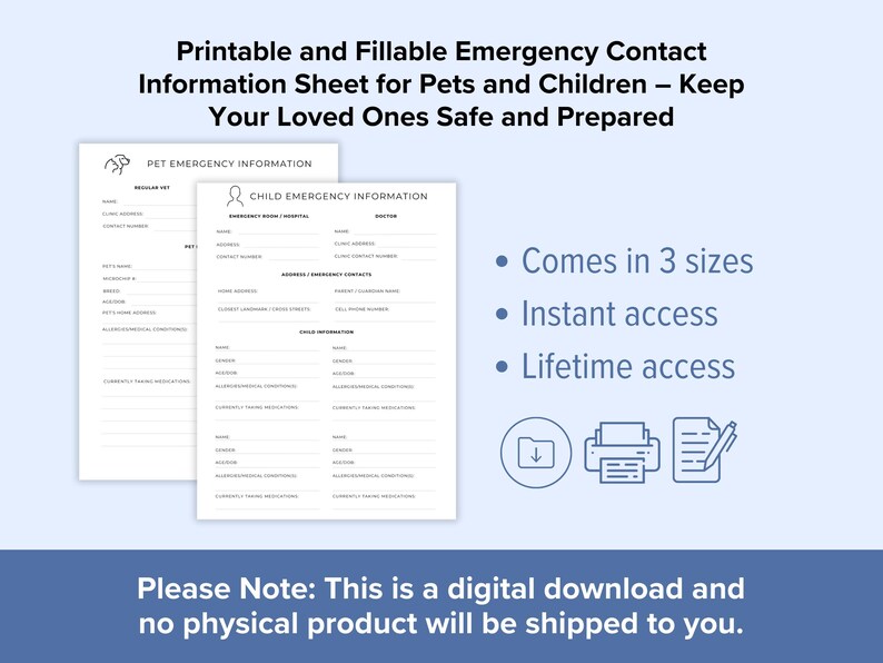 Child Sitting and Pet Sitting Emergency Contact Information Printable ...