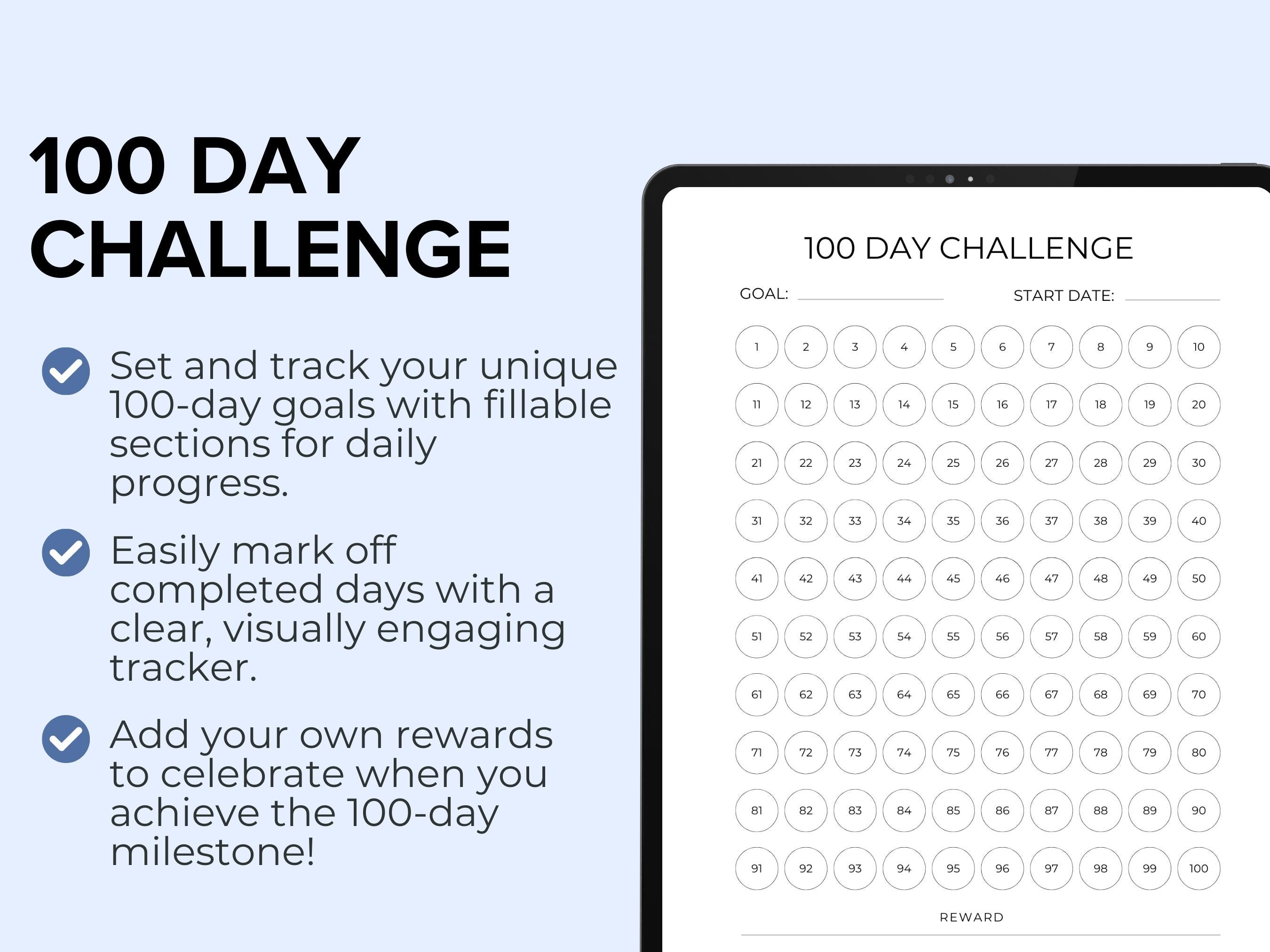 100 Day Challenge Goal Setting Tracker | A4, A5, US Letter | Fillable ...