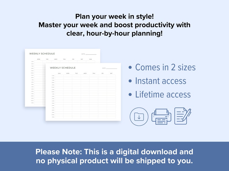 Weekly Planner Schedule With Hourly Blocks Printable | Week at a Glance ...