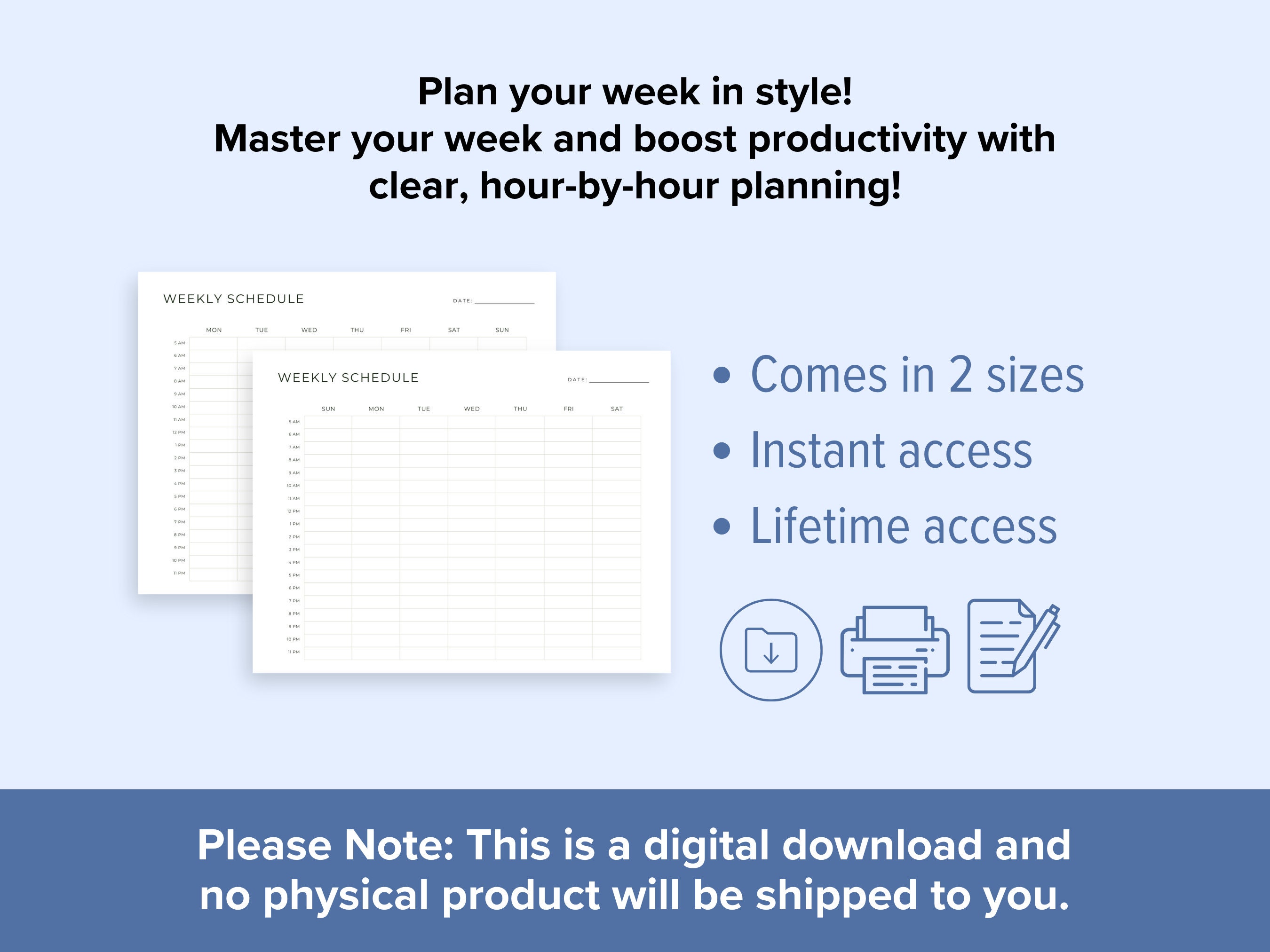 Weekly Planner Schedule With Hourly Blocks Printable | Week at a Glance ...