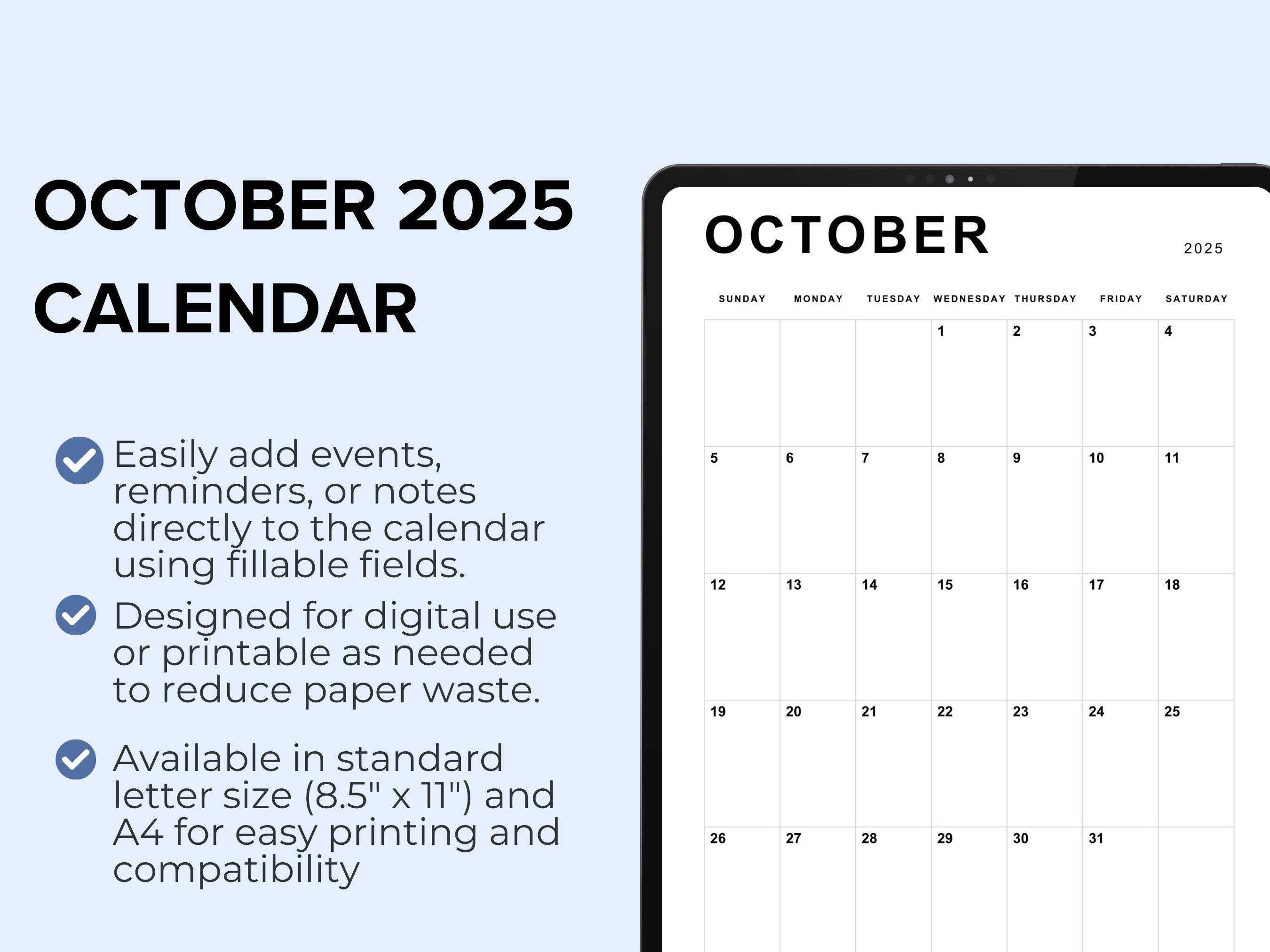 Editable October 2025 Calendar Minimalist Printable | US Letter, A4 ...