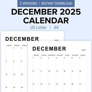 Editable December 2025 Calendar Minimalist Printable | US Letter, A4 ...
