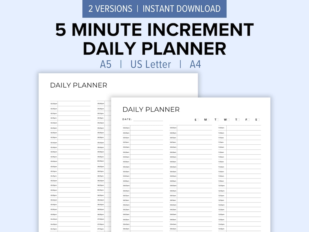 5 Minute Increment Daily Planner Printable | A5, US Letter, A4 ...