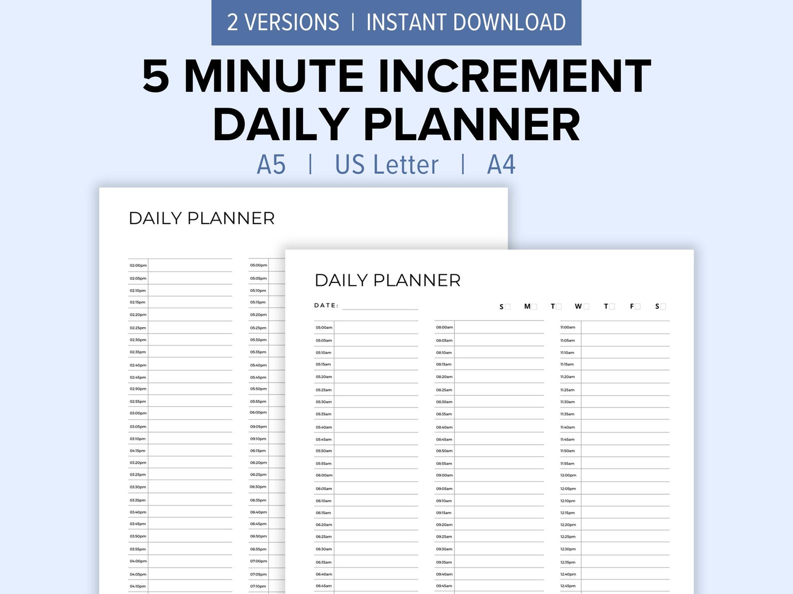 5 Minute Increment Daily Planner Printable | A5, US Letter, A4 ...