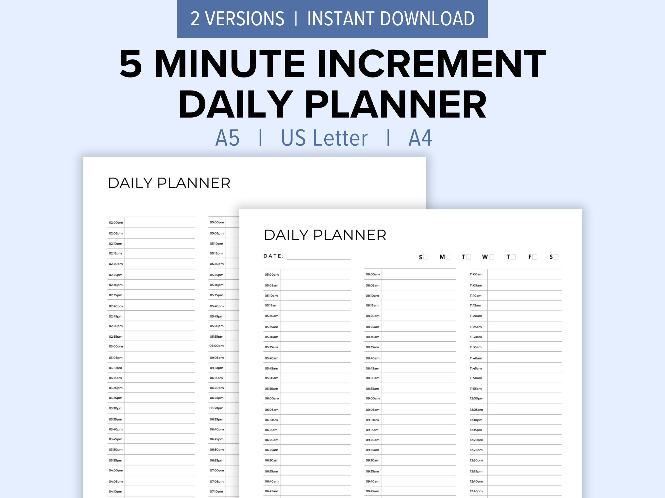 5 Minute Increment Daily Planner Printable | A5, US Letter, A4 ...
