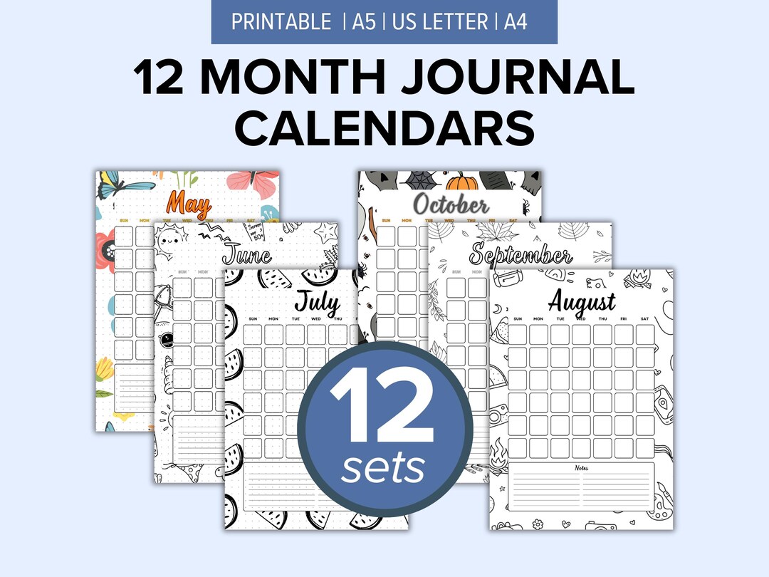 12 Month Journal Printable Calendar A5, US Letter, A4 Instant Download ...