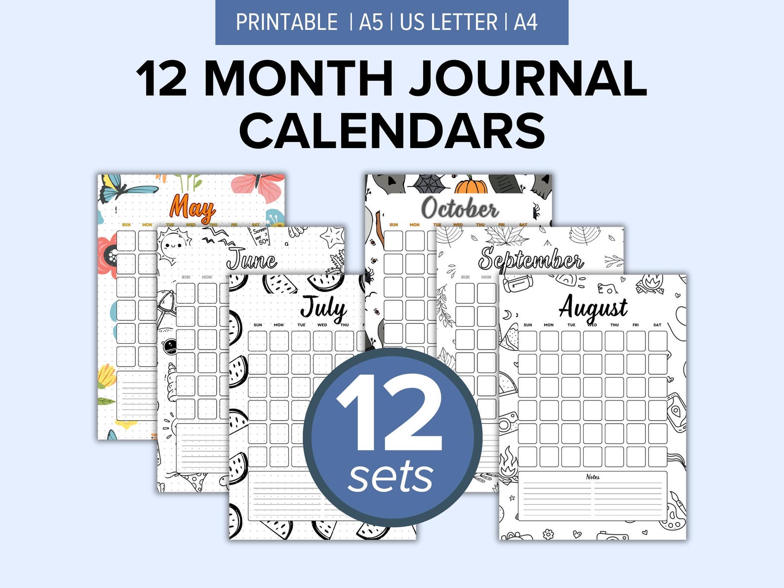 12 Month Journal Printable Calendar | A5, US Letter, A4 | Instant ...