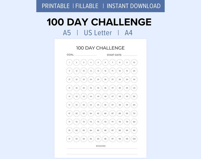 Printable & Editable 100 Day Challenge Goal Tracker | A4, A5, Letter ...