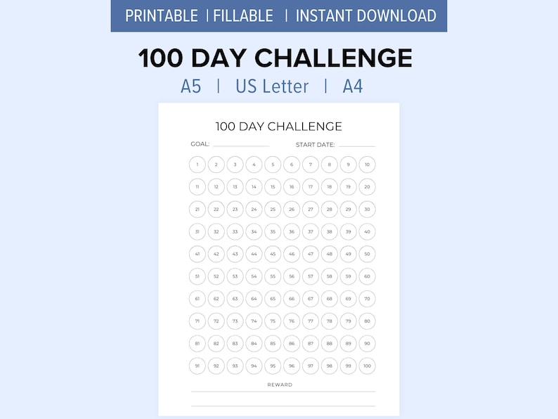 100 Day Challenge Goal Setting Tracker | A4, A5, US Letter | Fillable ...