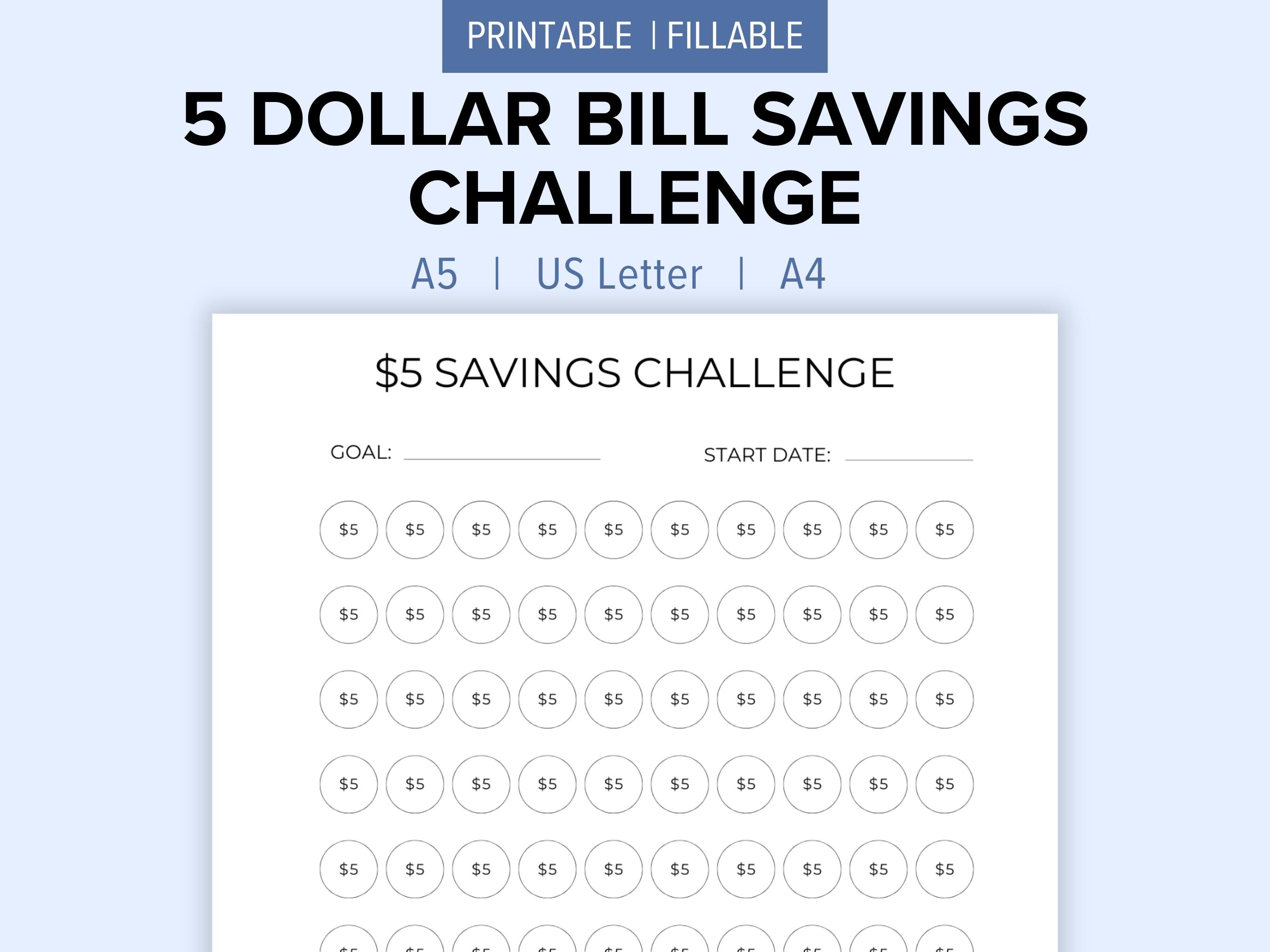5 Dollar Bill Savings Challenge Printable | Cash Savings Challenge | A5 ...