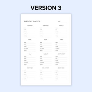 Birthday Tracker Printable Worksheet | A5, US Letter, A4 | Fillable ...