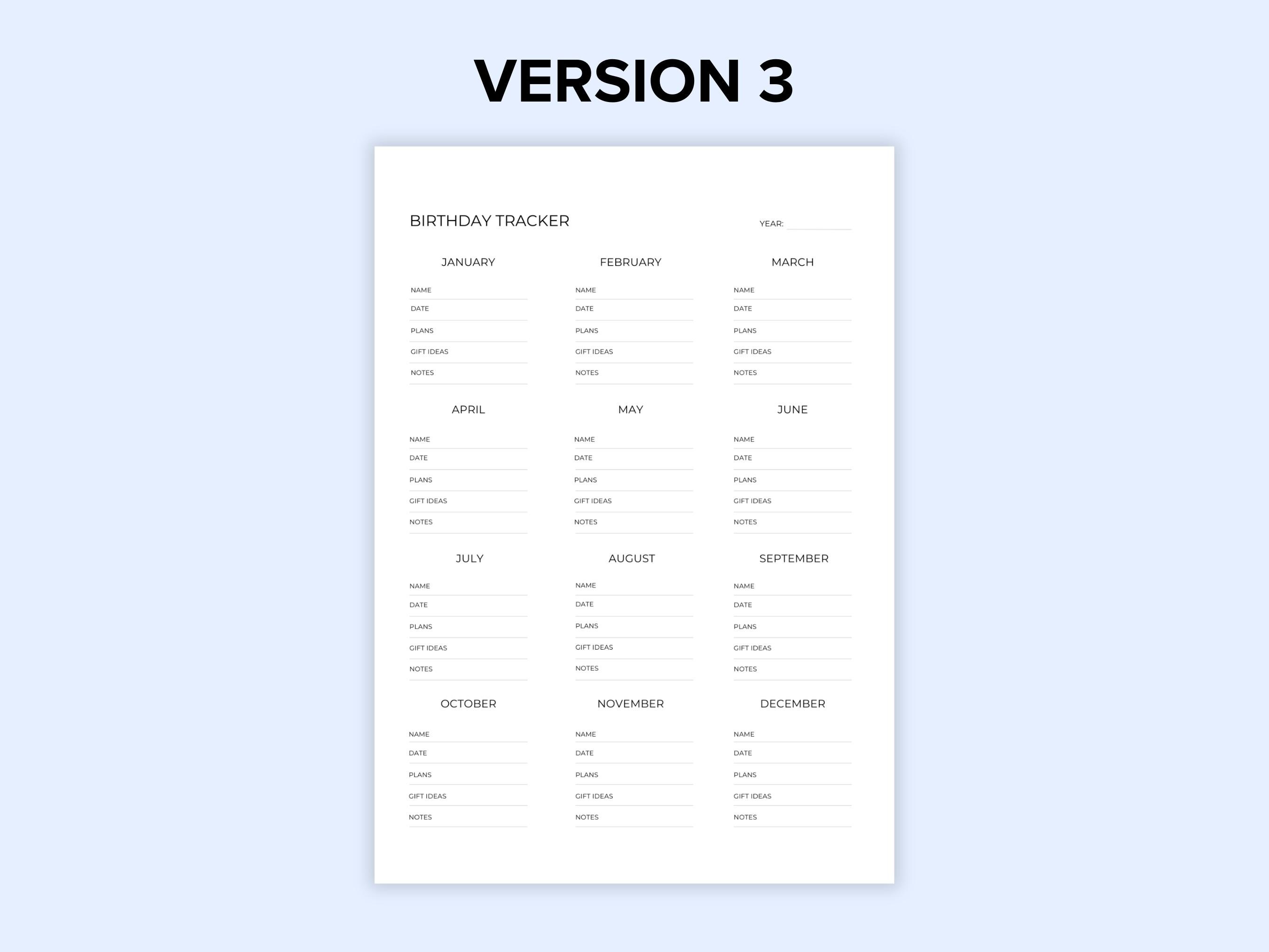 Birthday Tracker Printable Worksheet | A5, US Letter, A4 | Fillable ...