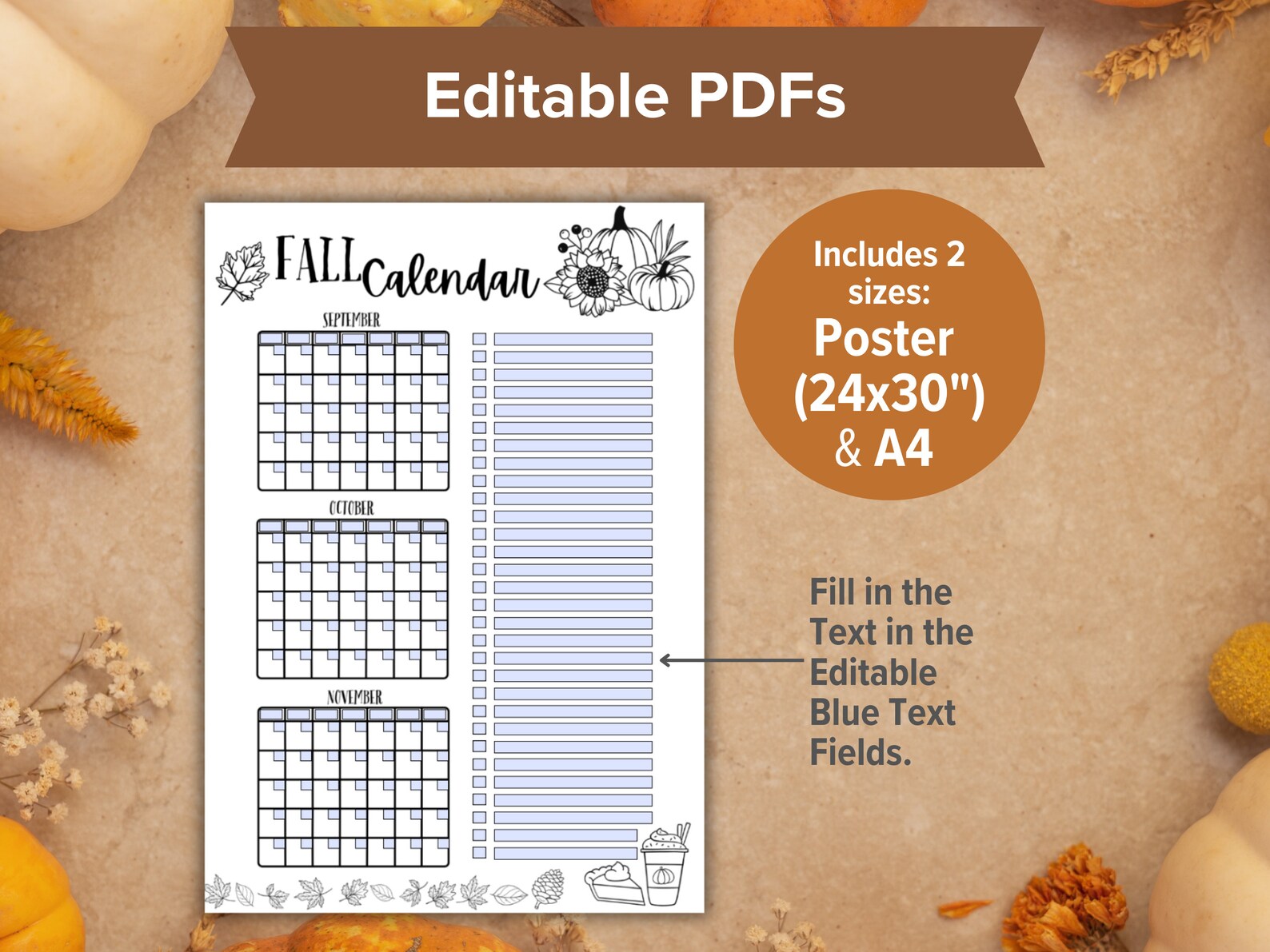 2024 Printable Fall Calendar | Editable Autumn Calendar | Fall-themed ...