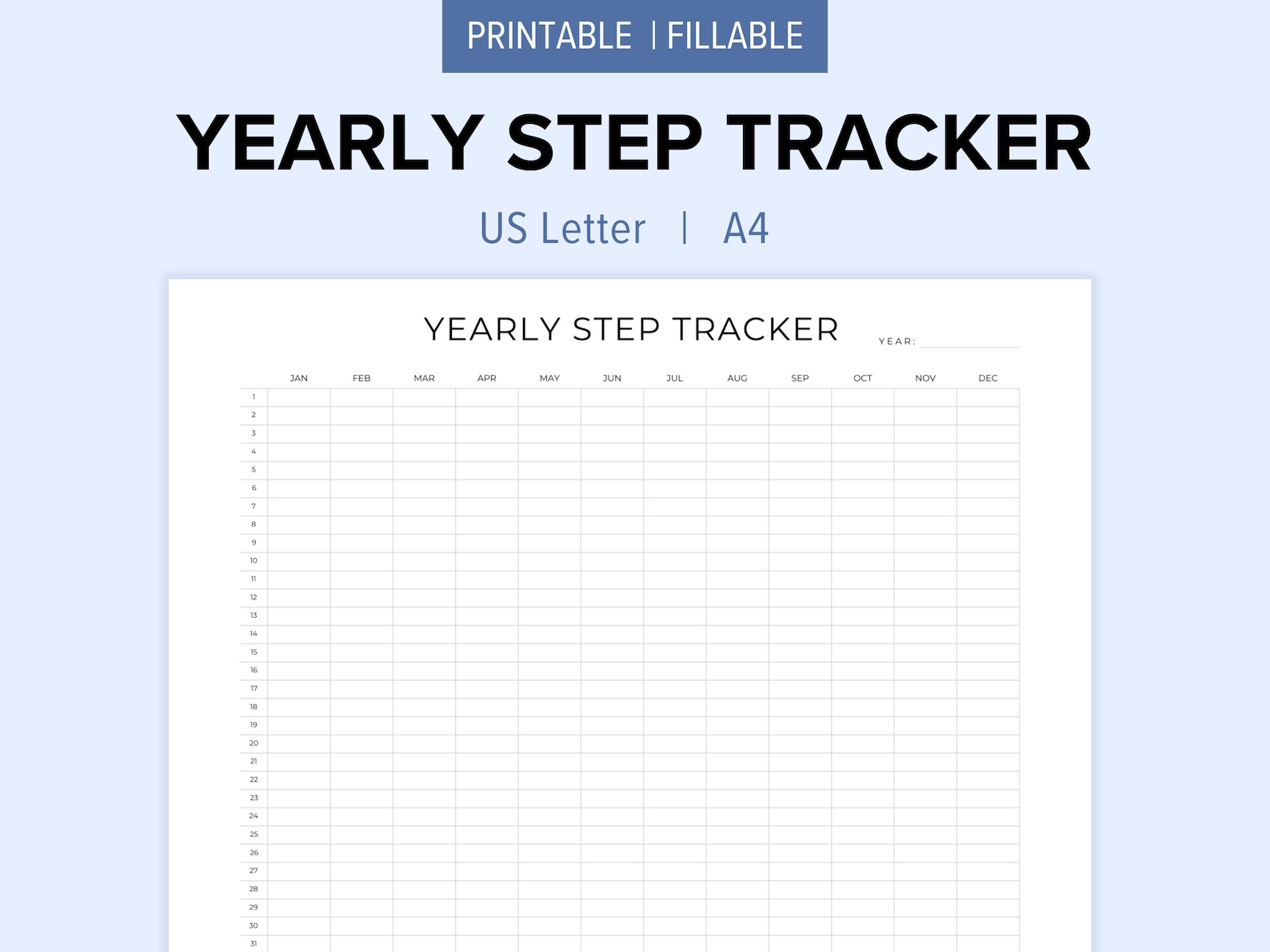 Yearly Step Tracker Worksheet Printable | Landscape US Letter, A4 ...