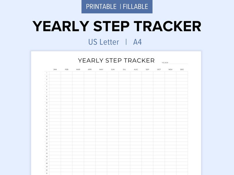 Yearly Step Tracker Worksheet Printable | Landscape US Letter, A4 ...