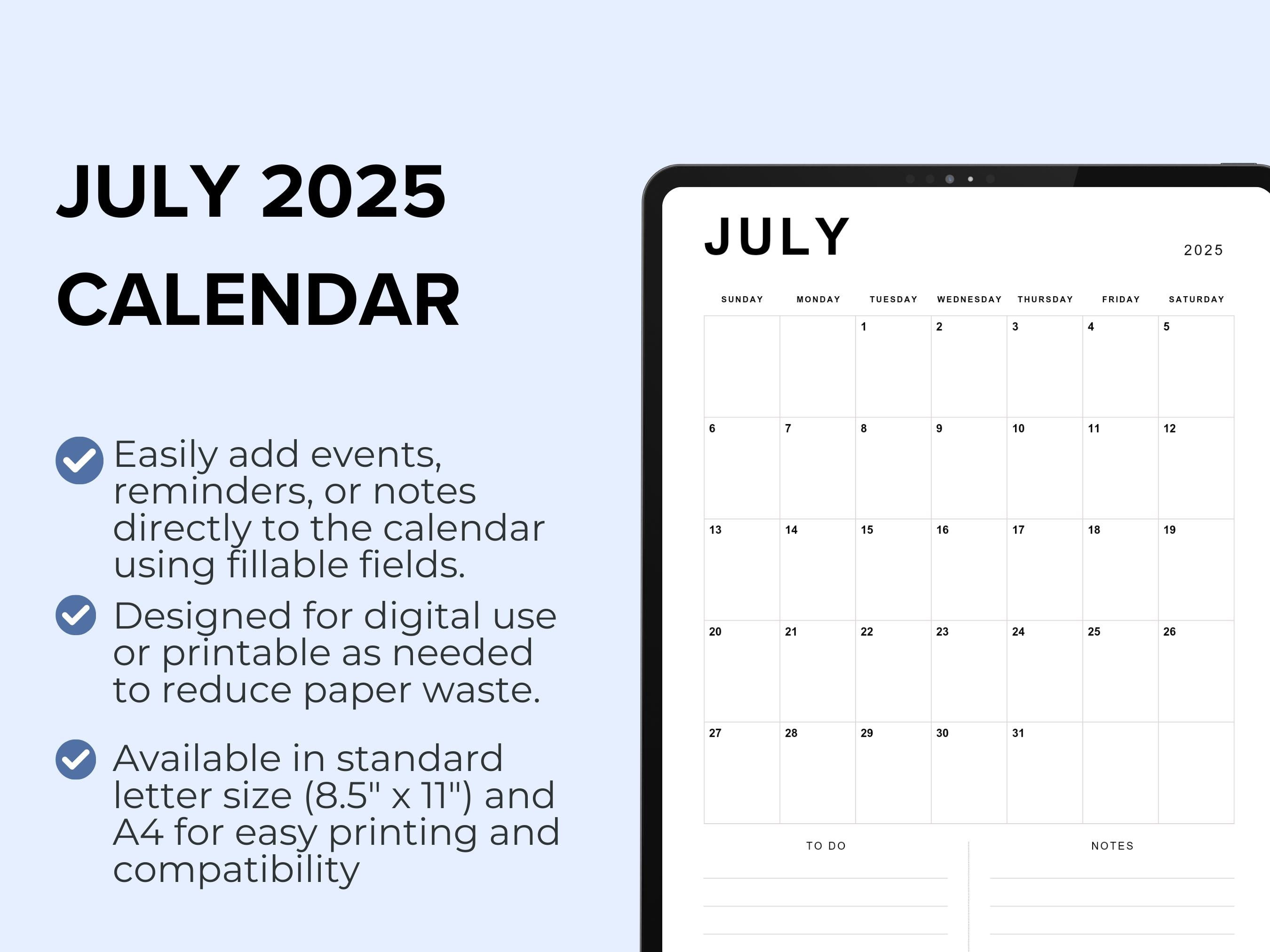 Editable July 2025 Calendar Minimalist Printable | Simple Minimalist ...