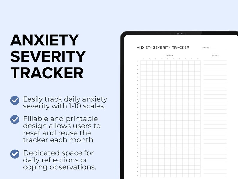 Anxiety Severity Monthly Tracker Printable | A5, US Letter, A4 ...