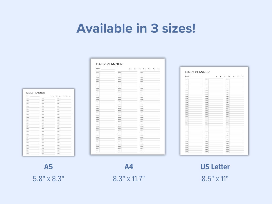 5 Minute Increment Daily Planner Printable | A5, US Letter, A4 ...