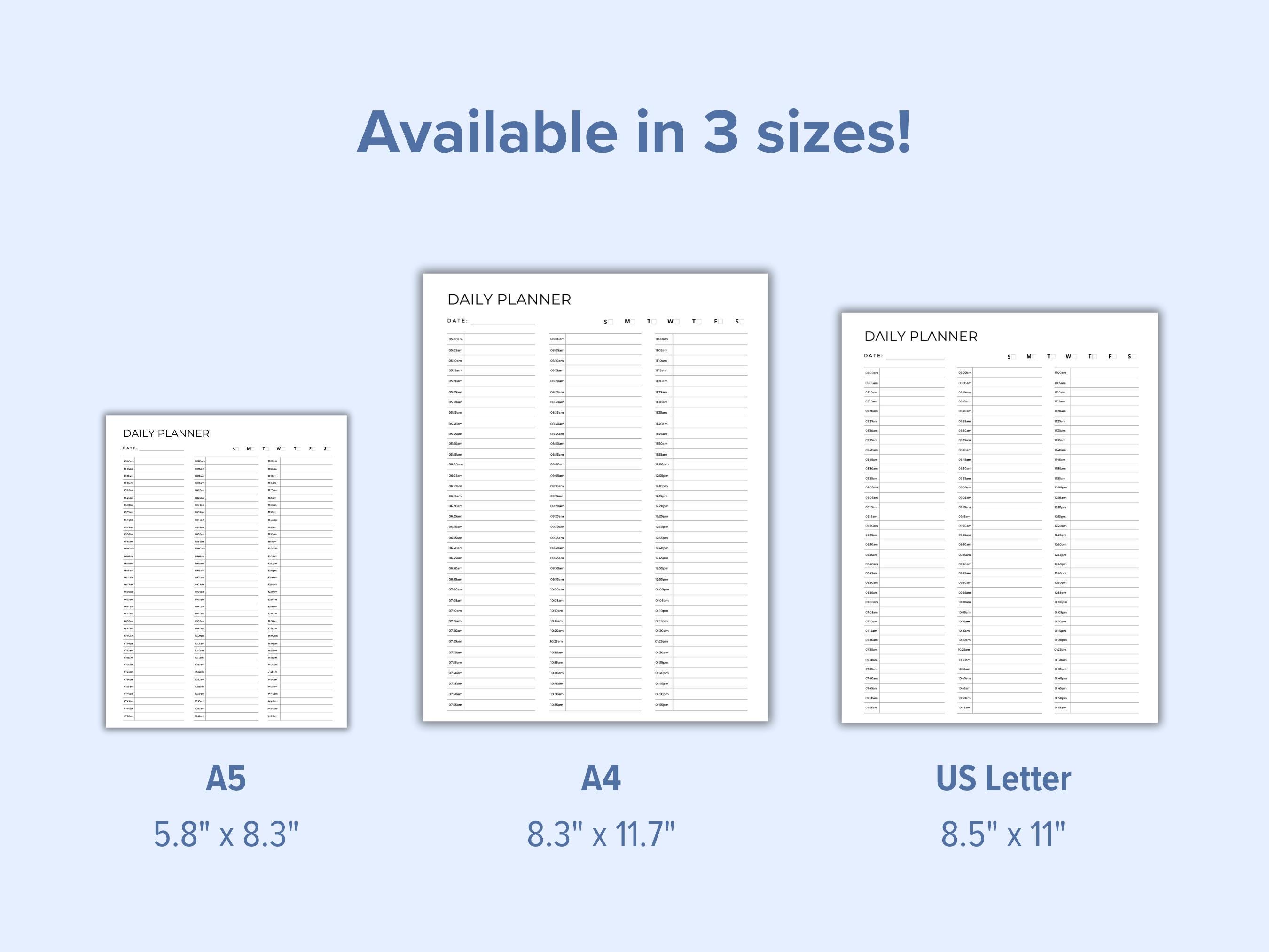 5 Minute Increment Daily Planner Printable | A5, US Letter, A4 ...