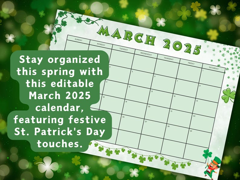 Editable March 2025 Calendar Printable | St. Patrick's Day | Early ...