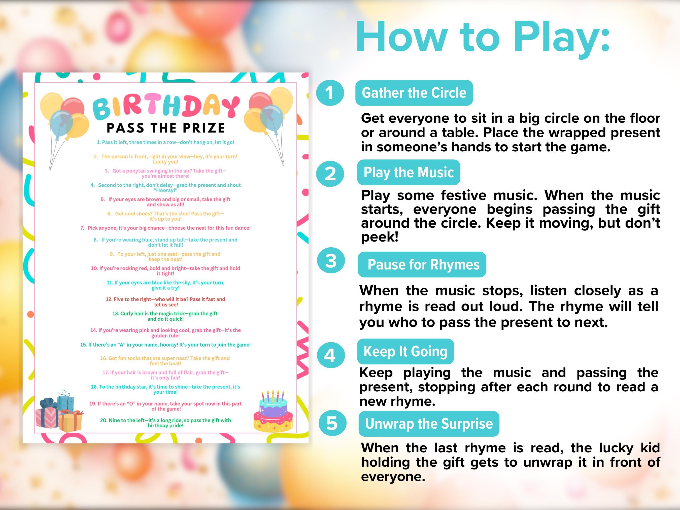 Birthday Pass the Prize Game Printable | Pass the Present Birthday Game ...
