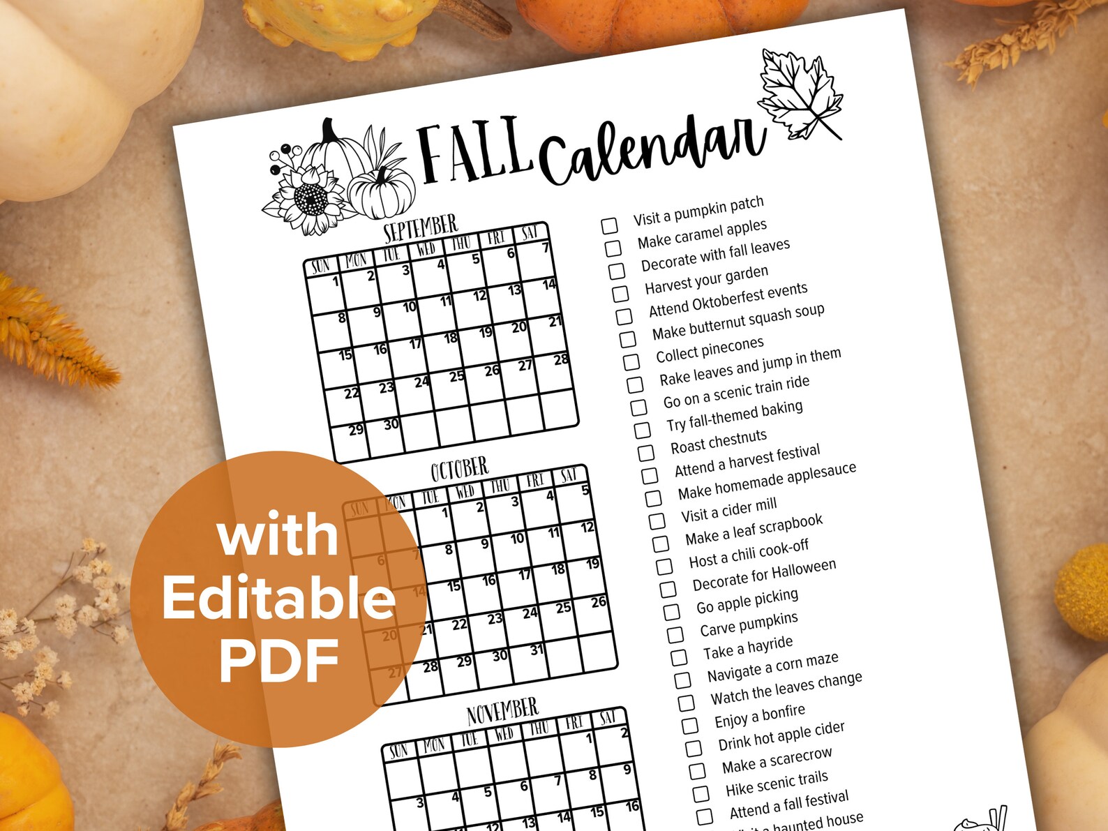 2024 Printable Fall Calendar | Editable Autumn Calendar | Fall-themed ...