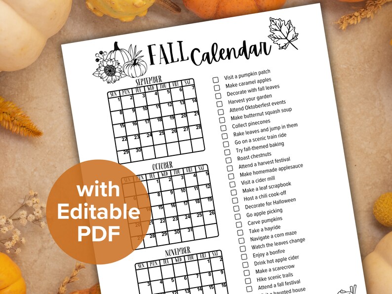 2024 Printable Fall Calendar | Editable Autumn Calendar | Fall-themed ...