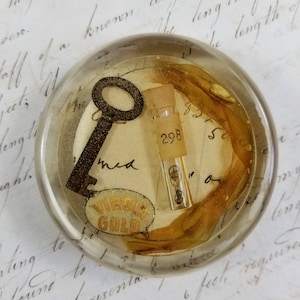 Vintage Glass Paperweight Virgin Gold, Key & Glass Vial, Dark Academia ...