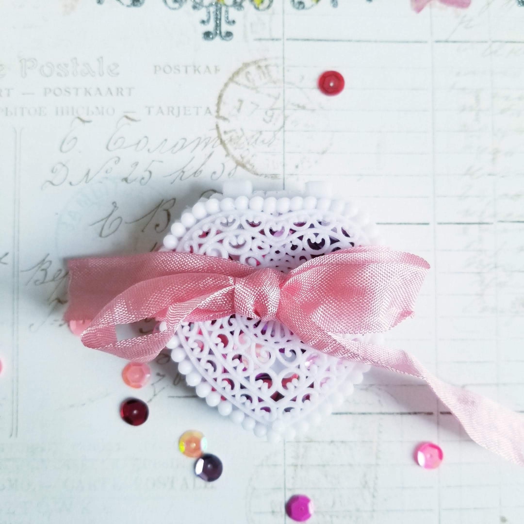 Lacey Heart Filled With Sequins- Heart Container, Pink, Red, White ...