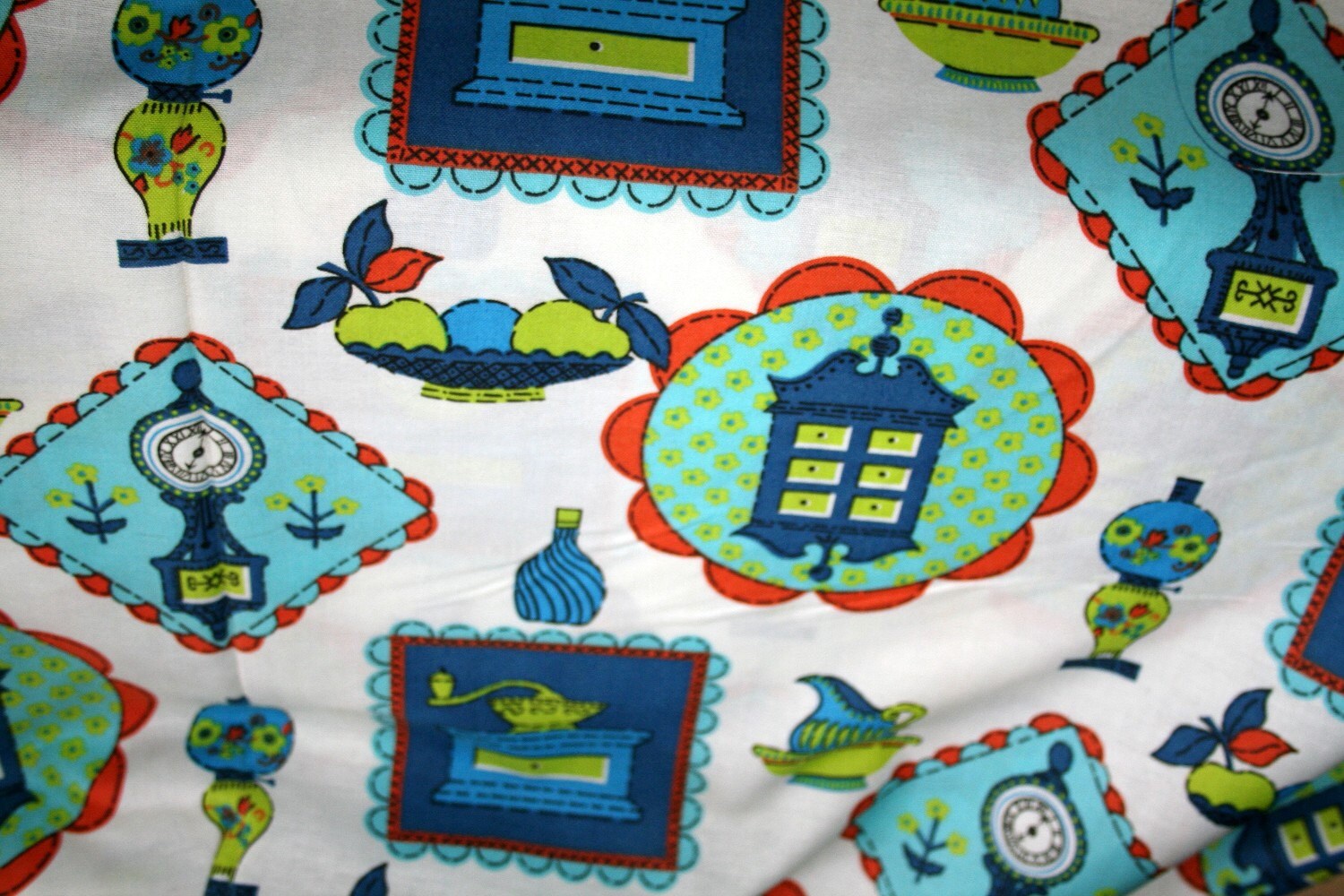 Turquoise Blue Kitchen Print Vintage Cotton Blend Fabric | Etsy