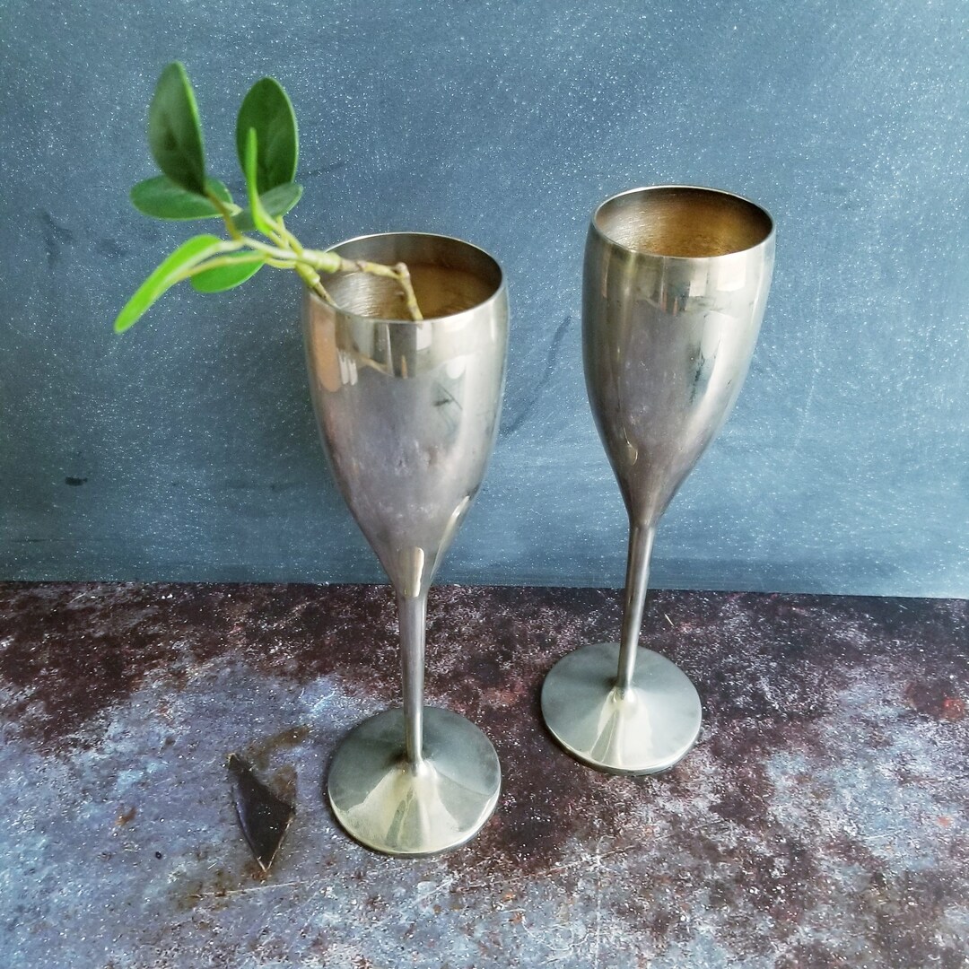 2 Vintage Silverplate Tall Goblets- Christmas Decor, Tarnished Metal ...