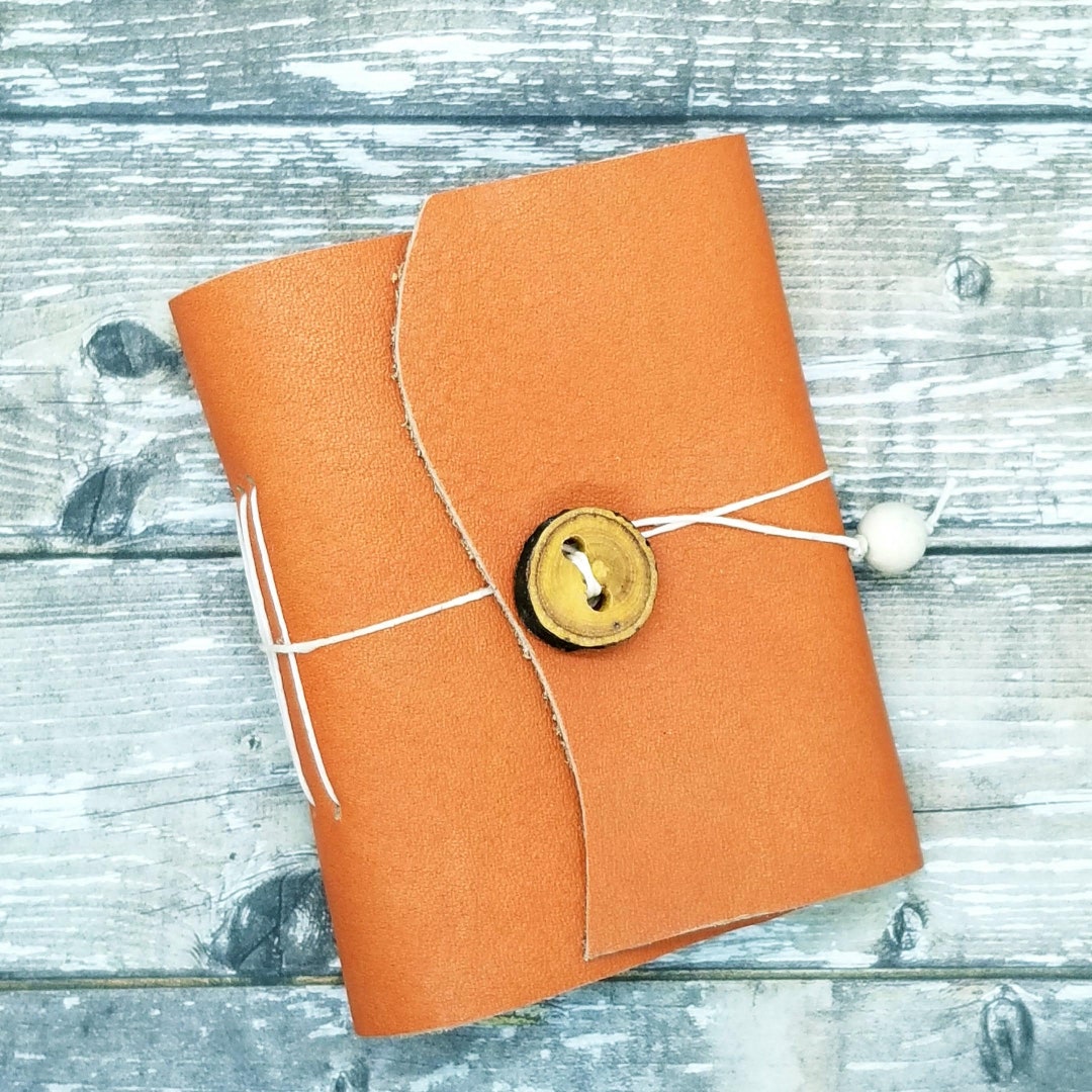 Reclaimed Leather Mini Notebook-dark Orange With Handmade Wood Button ...