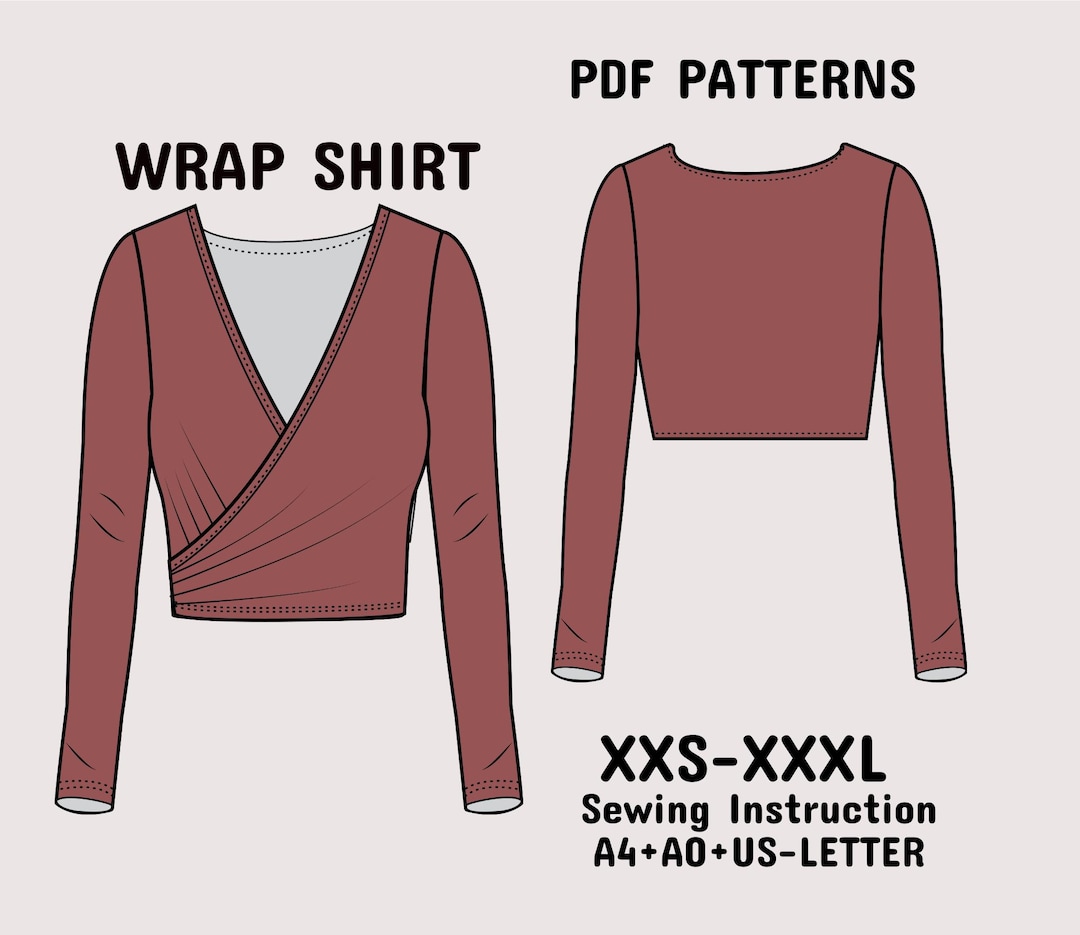 Wrap Top Sewing Pattern, Women Blouse Pattern, Long Sleeve Wrap Crop ...