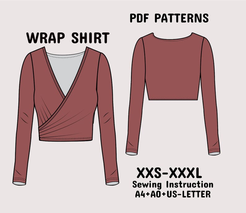 Wrap Top Sewing Pattern, Women Blouse Pattern, Long Sleeve Wrap Crop ...