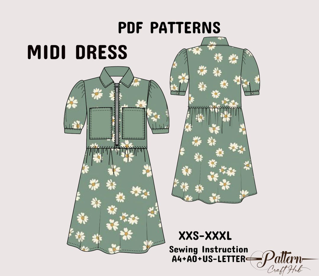 Shirt Midi Dress Pattern Women Dress Sewing Pattern, Pockets Front Zip ...