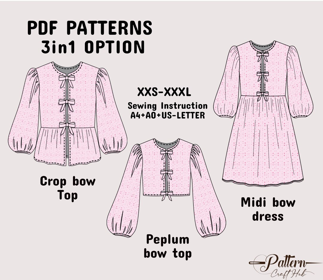 Women Top Pattern ,puffed Sleeve Peplum Top, Front Tie Blouse, Tie Top ...