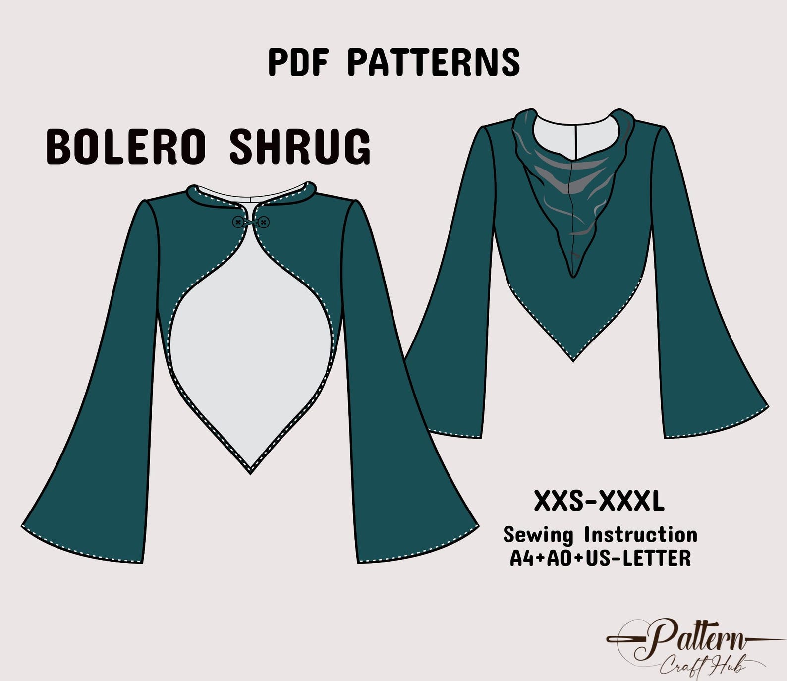 Shrug Bolero Pattern, Hooded Shrug Sewing Pattern, Shrug With Long Flare Sleeves PDF Pattern in ...