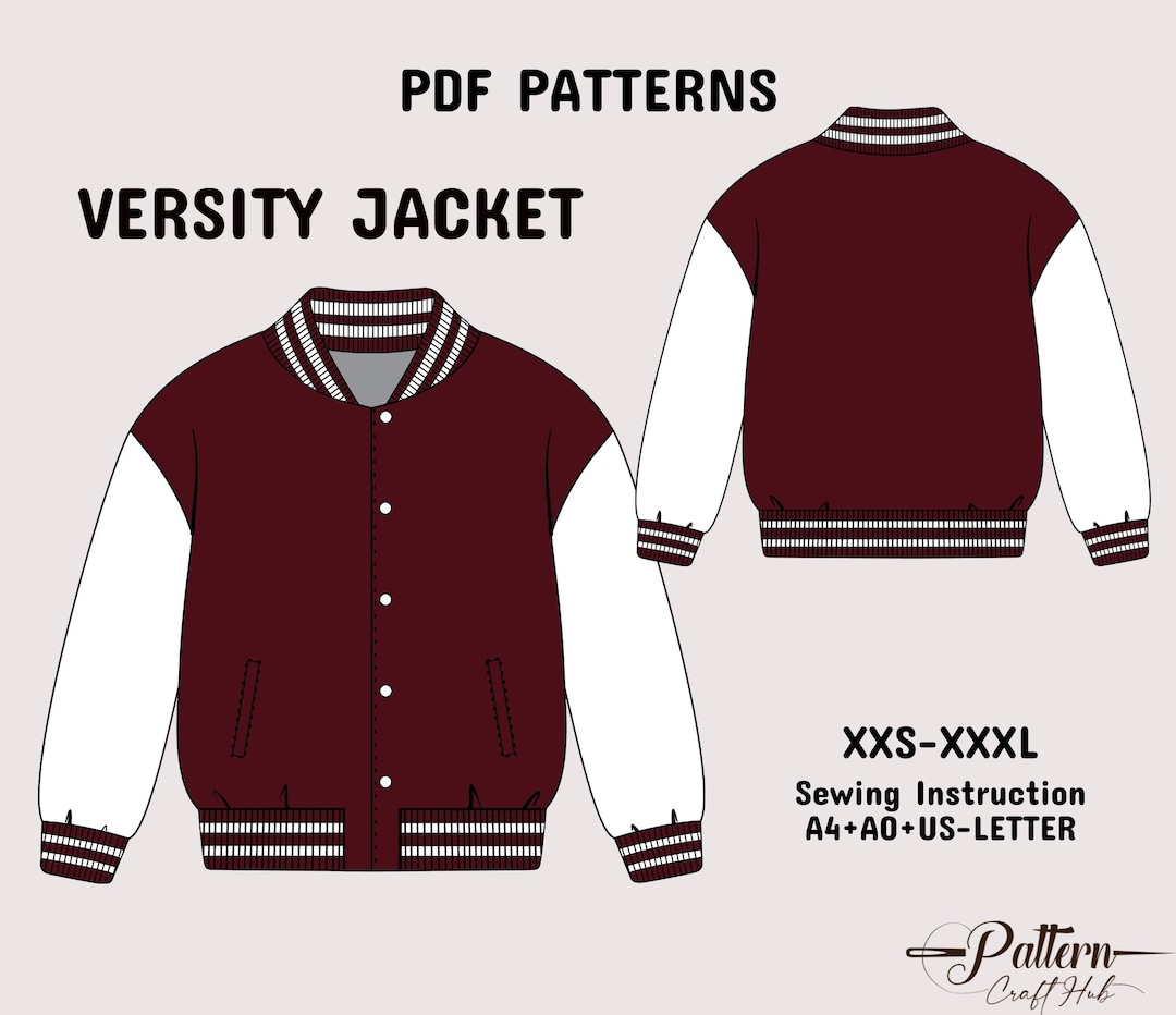 Baseball Jacket Sewing Pattern, Varsity Jacket Pattern, Digital PDF Bomber Jacket Pattern in A4 ...