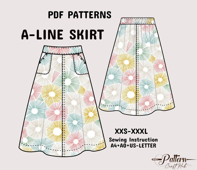 Midi Skirt Sewing Pattern, A Line Skirt Pattern,flare Skirt With Pocket, Pdf Printable Sewing ...