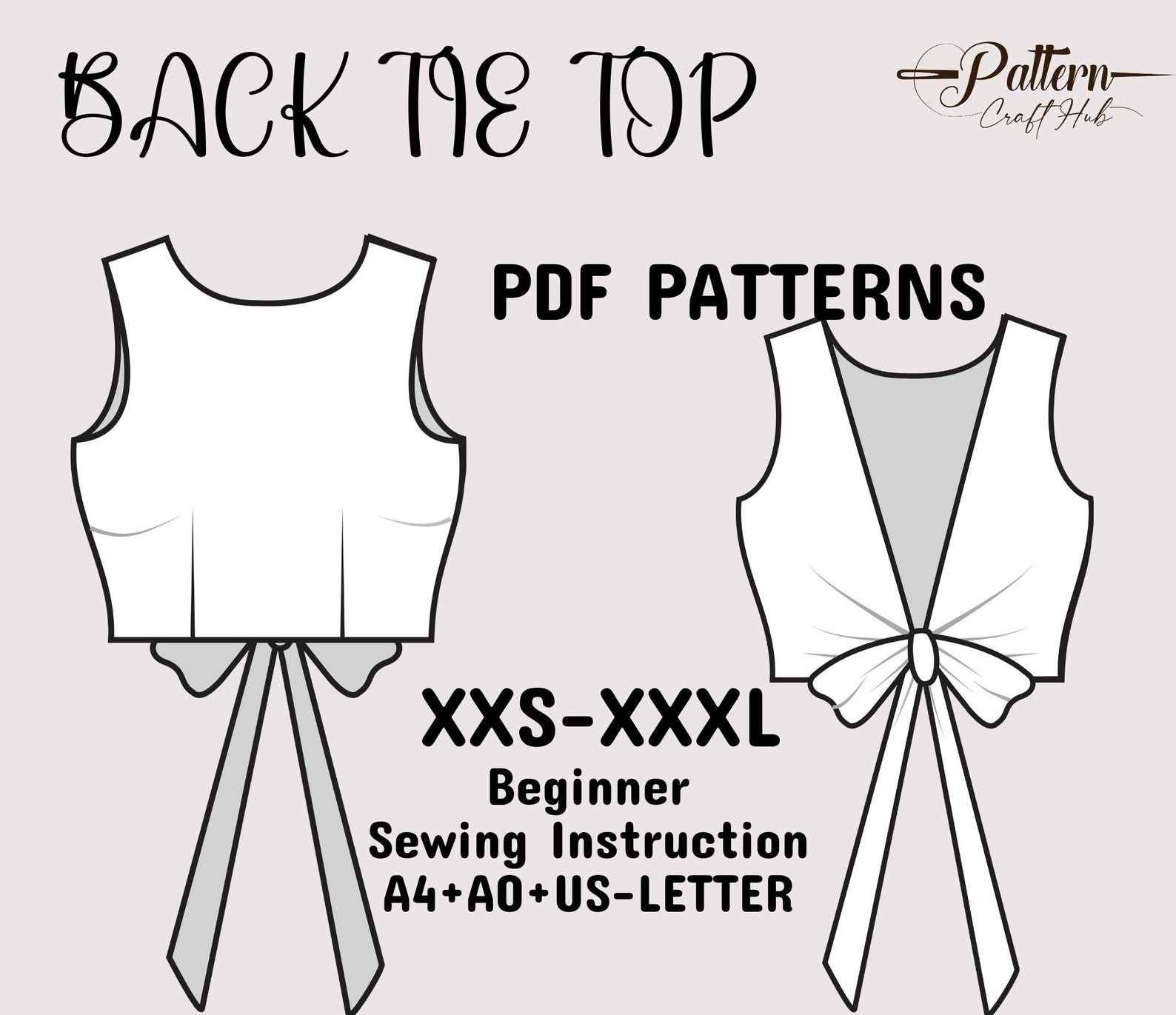 Back Tie Top Sewing Pattern, Open Back Top, Womens Crop Top, Tie Blouse ...