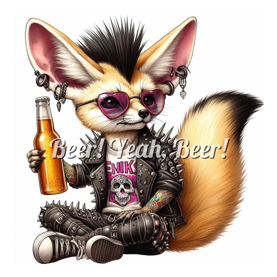 Punk Fennec Fox Holding a Beer Watercolor - Etsy
