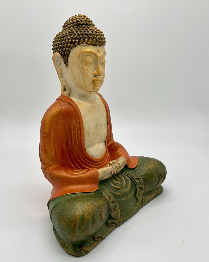 12" Hand Painted Buddha Statue in Warm Orange, Gold and Green Tones - Etsy
